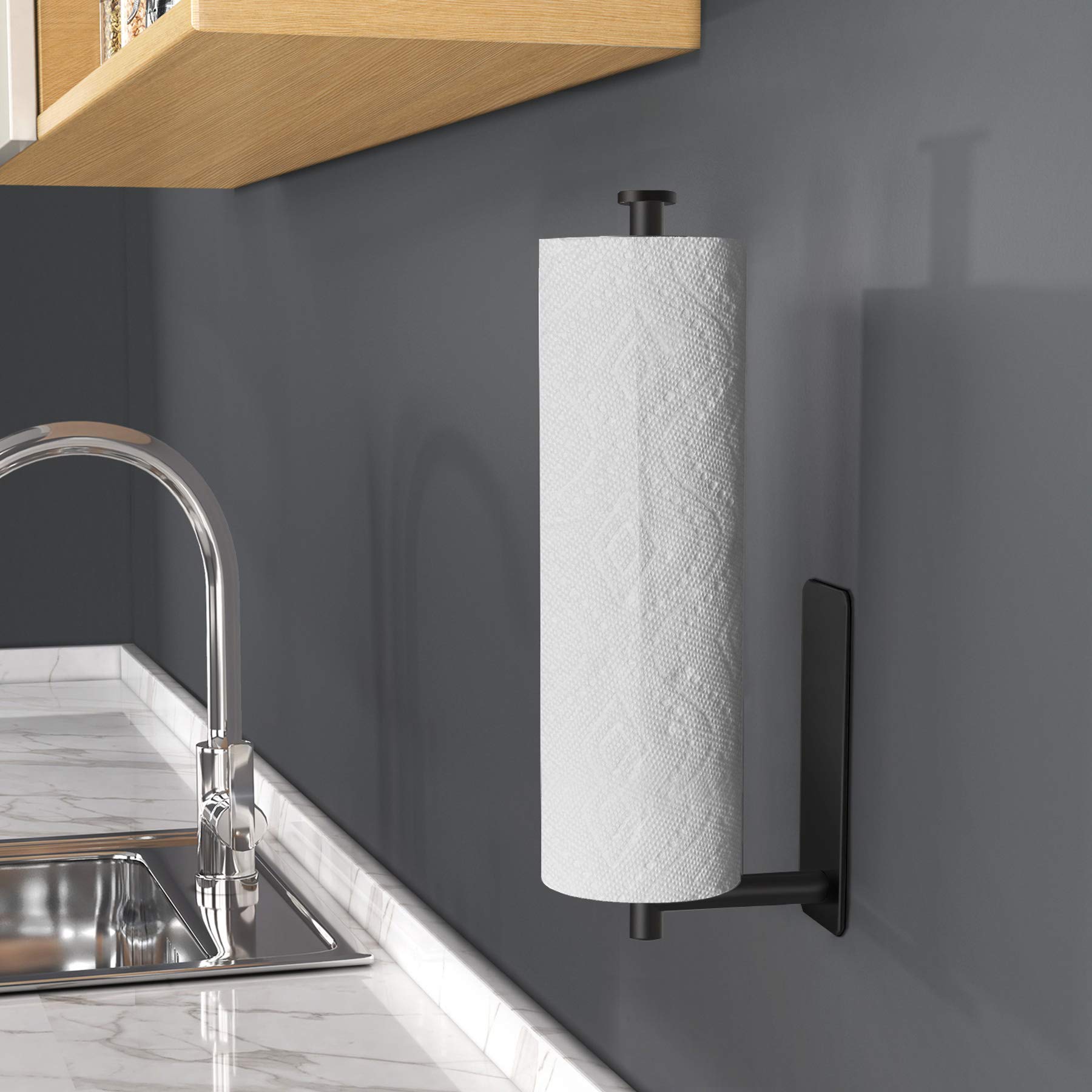 TOFIIGREM Paper Towel Holder with Adhesive Under Cabinet Mount- No Drilling Towel Bar Holder Wall Mount Sticky Paper Towel Rack Stick on Wall for Home Kitchen, Stainless Steel Black