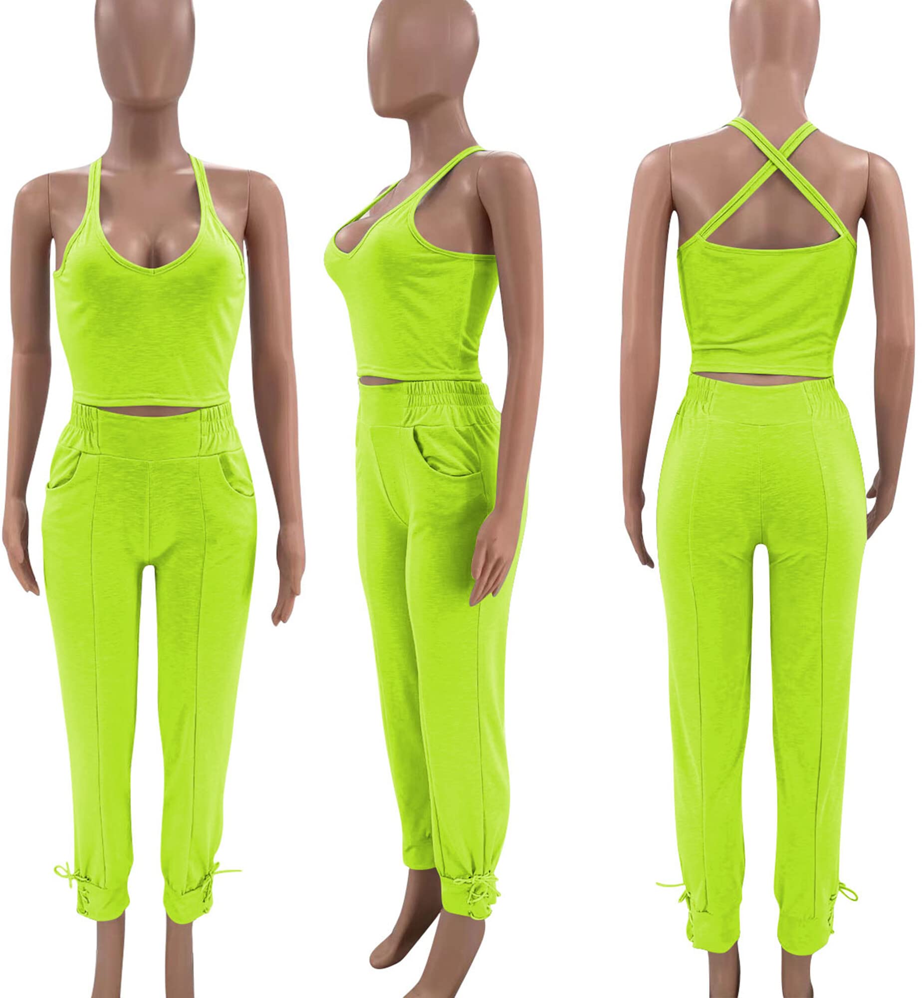 Doweha Sexy Two Piece Outfits for Women Summer Joggers Crop Tank top Sweatsuits Biker Short Set Matching Sets Workout Tracksuit Jumpsuit Neon Green XL