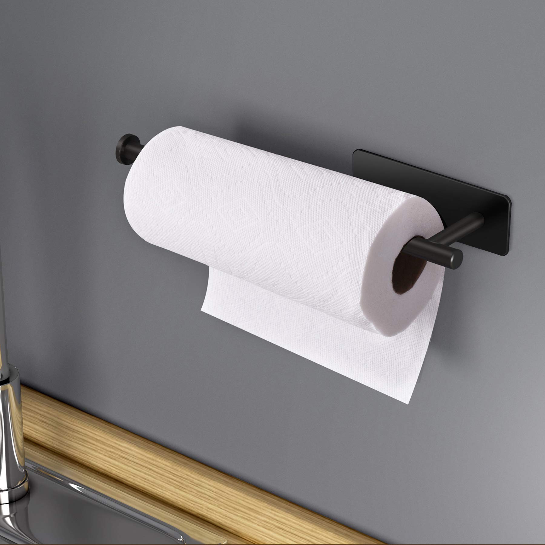 TOFIIGREM Paper Towel Holder with Adhesive Under Cabinet Mount- No Drilling Towel Bar Holder Wall Mount Sticky Paper Towel Rack Stick on Wall for Home Kitchen, Stainless Steel Black