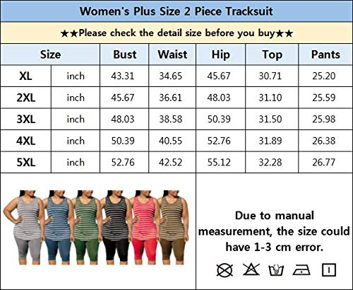 VKVKA Women's Plus Size Stripe Sets - Tank T-Shirt Tops + Elastic Shorts 2 Piece Casual Sportswear