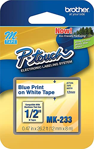 Brother Mk233 M Series Labeling Tape for P-Touch Labelers, 1/2-Inch W, Blue On White