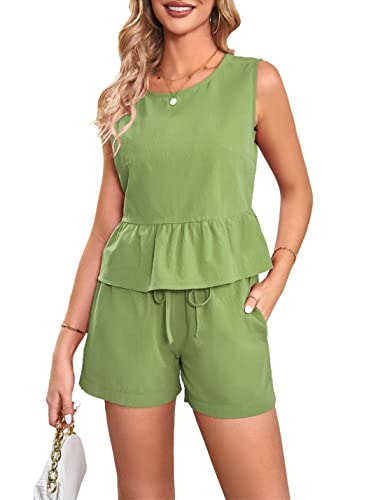 Bozanly Women's Summer 2 Piece Outfits Sleeveless Ruffle Crop Tank Top High Waist Wide Leg Shorts Sets(0680-Green-XL)