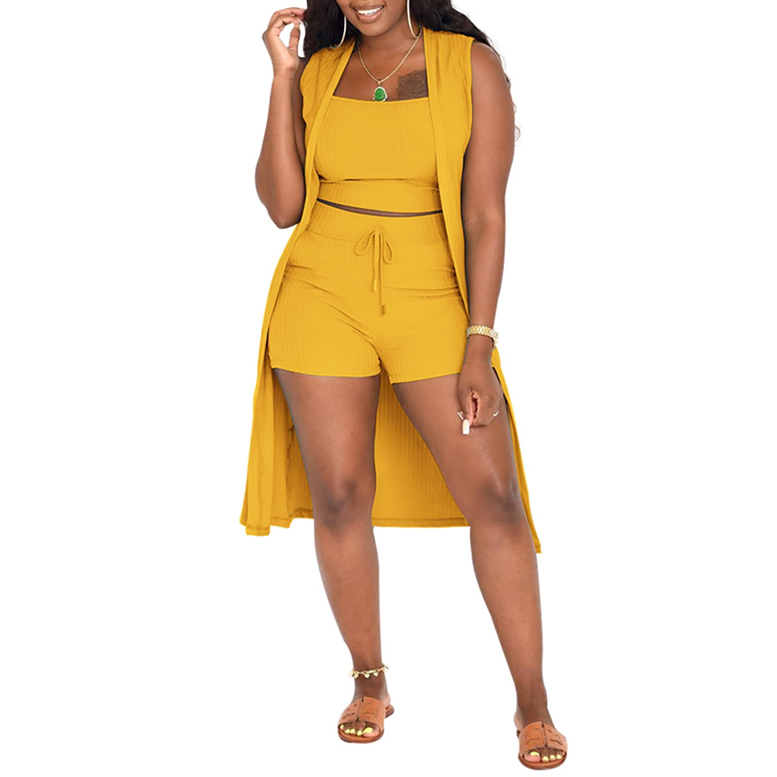 EQQZD 3 Piece Outfits for Women Vest Cardigan Crop Tank Top Shorts Sets Summer Ribbed Knit Lounge Pajama Set Yellow XL
