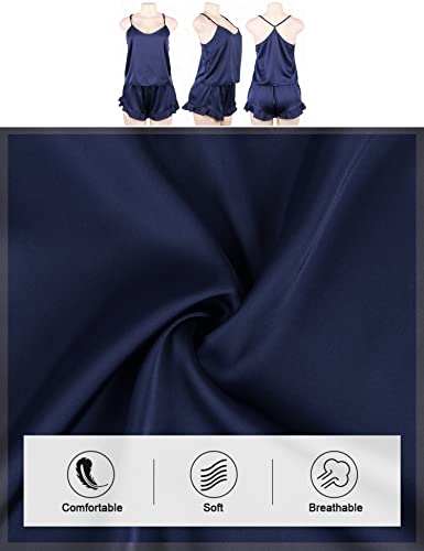 ohyeah Silk Pajamas for Women Set, PJ Set for Women Silk Satin Spaghetti Strap Tank Top Cross Back Shorts Set Blue XL-2X