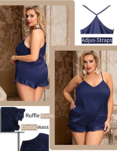 ohyeah Silk Pajamas for Women Set, PJ Set for Women Silk Satin Spaghetti Strap Tank Top Cross Back Shorts Set Blue XL-2X