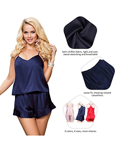 ohyeah Silk Pajamas for Women Set, PJ Set for Women Silk Satin Spaghetti Strap Tank Top Cross Back Shorts Set Blue XL-2X
