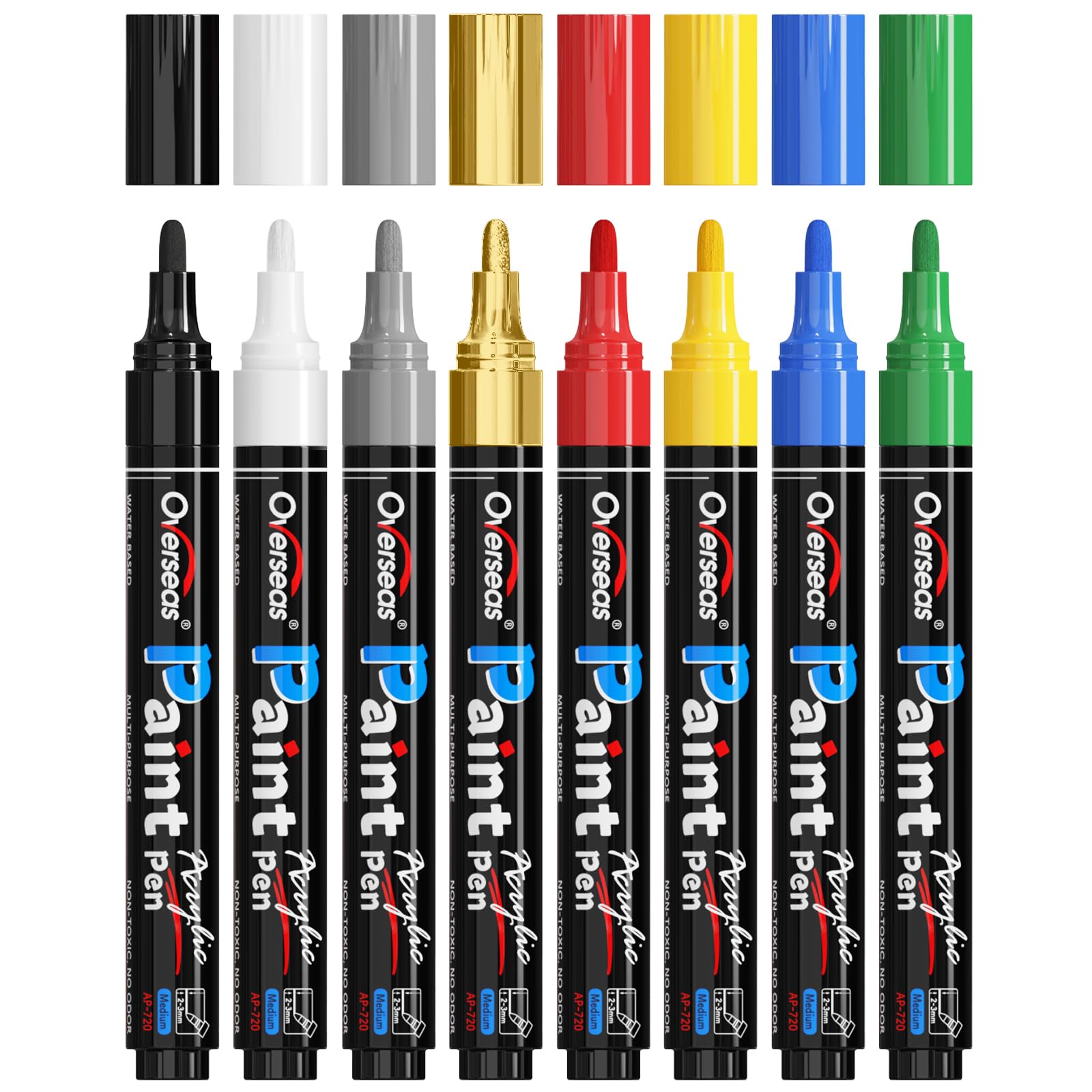 Overseas Acrylic Paint Markers Paint Pens - 8 Colors Permanent Markers Medium Tip, Water Based, Quick Drying, Waterproof, Assorted Colors Marker Pen for Metal, Rock, Wood, Plastic, Glass, Canvas