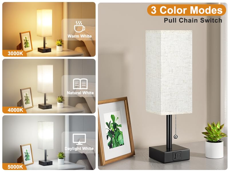 Aooshine Bedside Table Lamp with 3 Levels Brightness - 2700/3500/5000K Small Lamp with USB C+A Ports, Nightstand Light with 3 Color Modes by Pull Chain, Bedroom Lamp for Living Read(LED Bulb Included)
