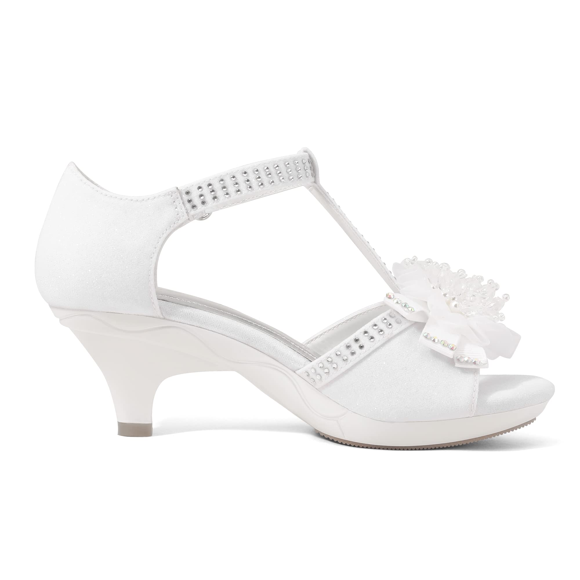 DREAM PAIRS Girls Low Heel Dress Pump Sandals Ankle T Strap Flower Shoes White Size 2 Little Kid