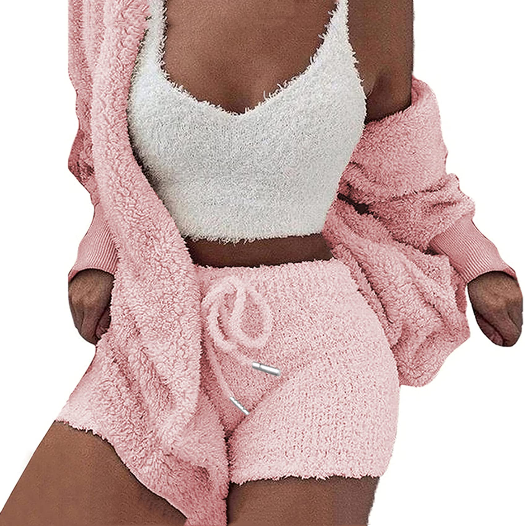 A ADILACA Women's Warm Fuzzy Fleece 3 Piece Outfit Pajamas, Fuzzy 3 Piece Pajama Set, Solid Cozy Hooded Coat Jacket Outwear and Sleeveless Tank Top Shorts Set (Light Pink, XL)