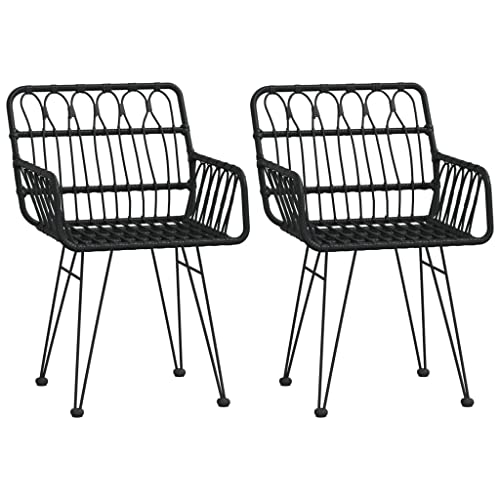 vidaXL 2X Patio Chairs with Armrest Garden Outdoor Lawn Terrace Balcony Backyard Dining Dinner Dinette Chair Seat Seating Furniture Black PE Rattan
