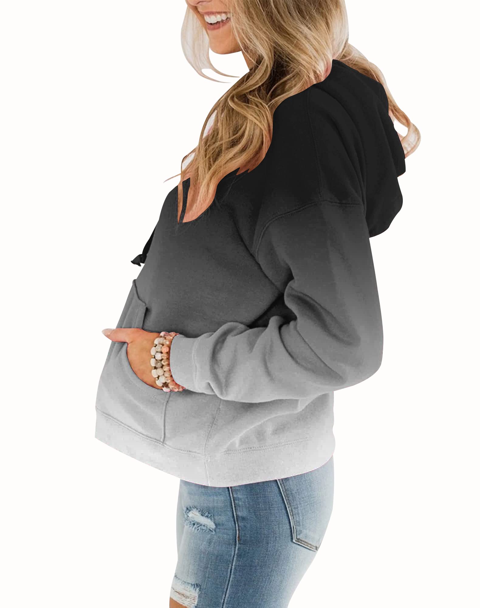 BeadChica Womens Casual Hoodies Round Neck Long Sleeve Sweatshirts With Pocket Lightweight Pullover Tops-Gradient-L, Gradient Grey