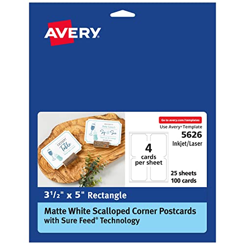 Avery Postcards with Scalloped Corners and Sure Feed Technology, 3.5" x 5", Matte White, 100 Cards Total, Laser/Inkjet Printable Cards (5626)