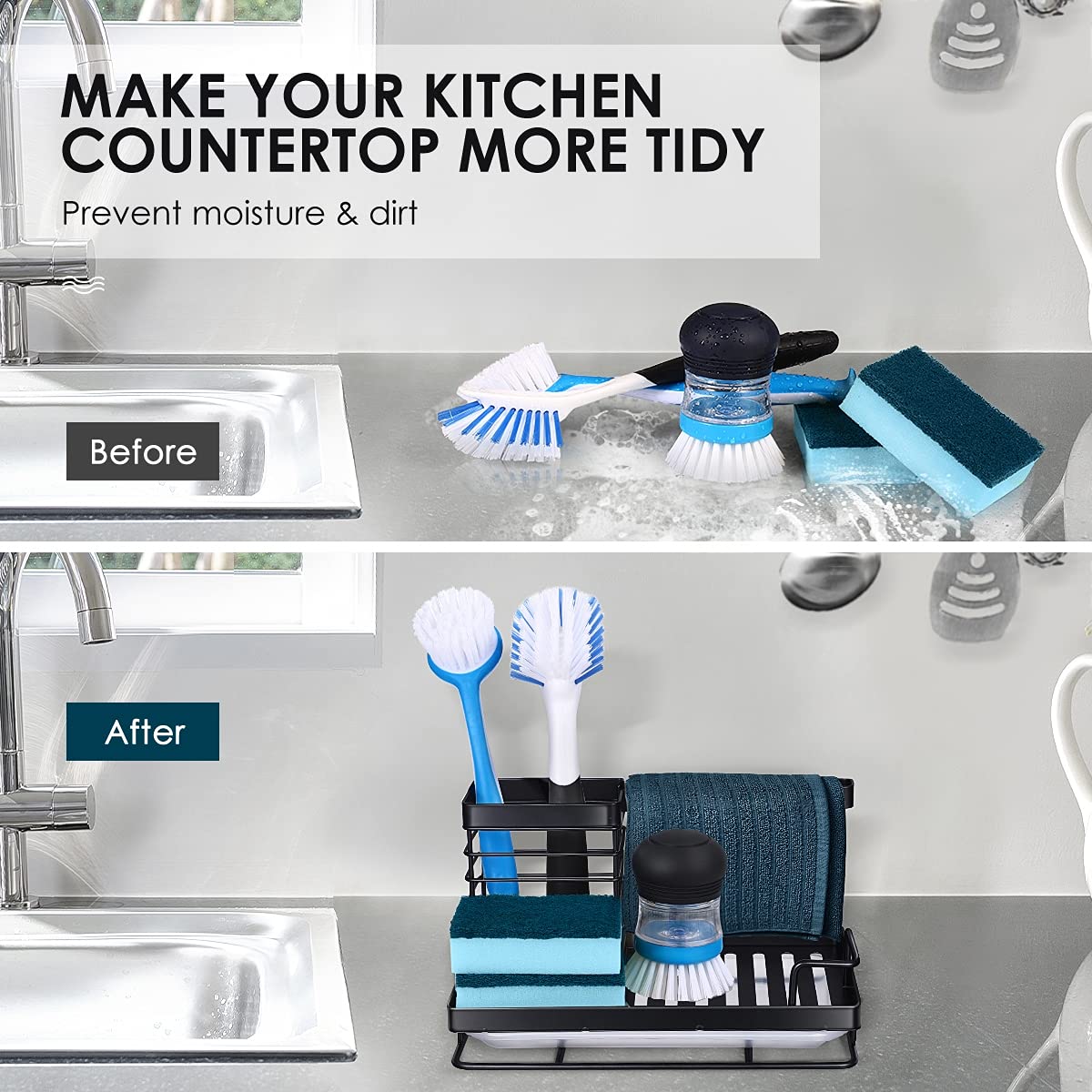 Kitchen Sink Caddy Sponge Holder: Large Kitchen Sink Organizer for Dish Rag Soap Brush - 304 Stainless Steel Sponge Holder Rack with Removable Drain Tray for Counter Storage