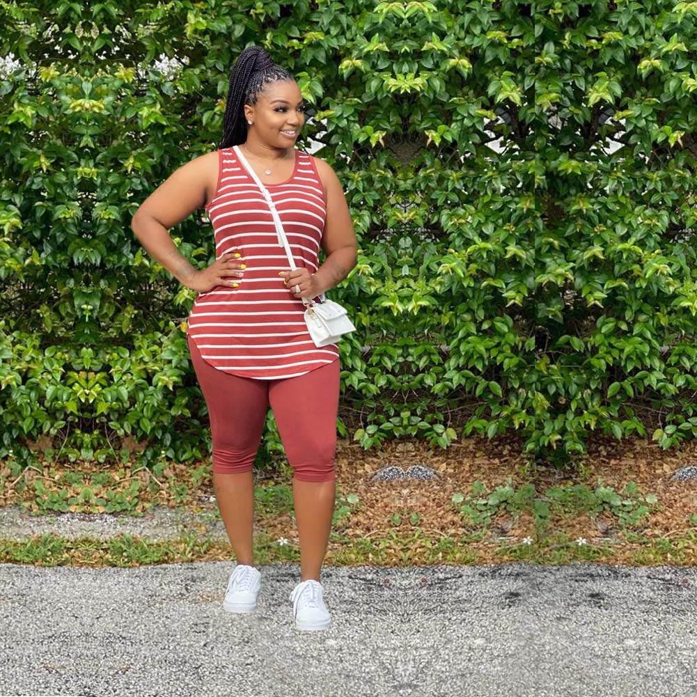 acelyn Women's Striped 2 Piece Outfits Plus Size Casual Summer Tank Tops Biker Shorts Sets (X9244-Red, XL)
