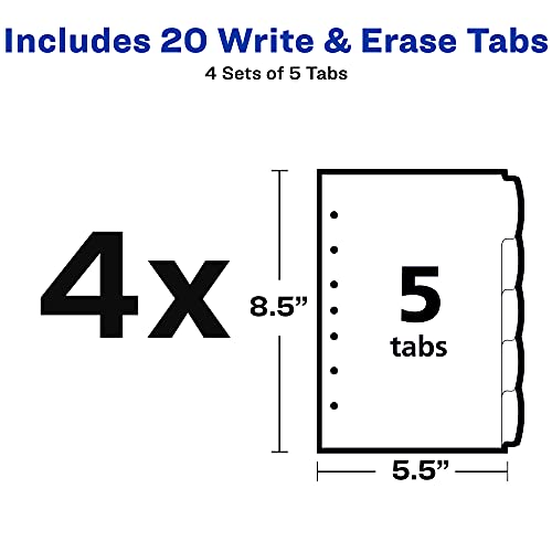 Avery Write & Erase Durable Plastic Mini Dividers for 3 Ring Binders and 7-Ring Binders, 5.5" x 8.5", 5-Tab Sets, Multicolor, 4 Binder Divider Sets (21982)