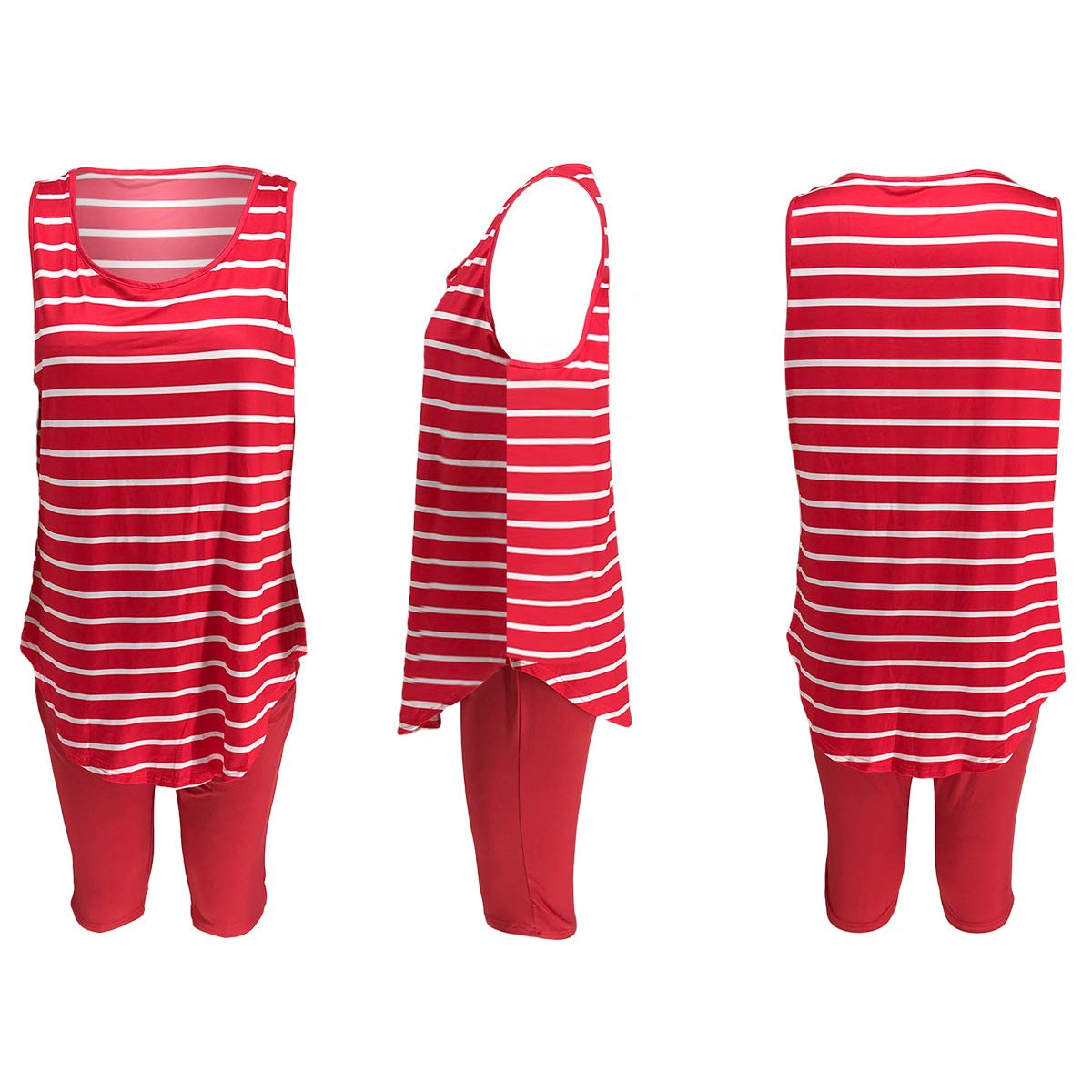 acelyn Women's Striped 2 Piece Outfits Plus Size Casual Summer Tank Tops Biker Shorts Sets (X9244-Red, XL)