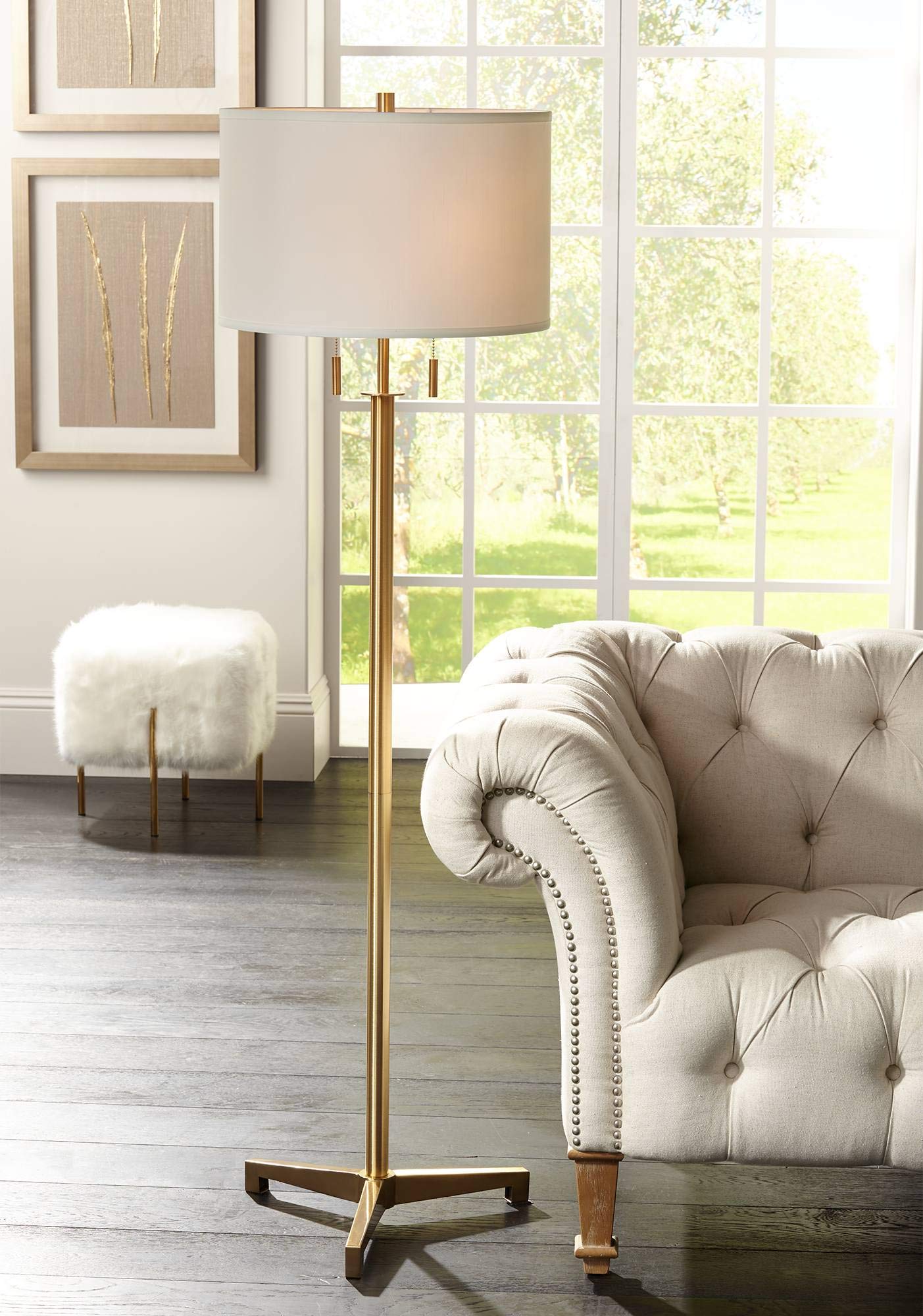 Possini Euro Design Encino Modern Glam Luxe Floor Lamp Standing 60" Tall Antique Brass Gold Metal Tripod Base Off-White Fabric Drum Shade Decor for Living Room Reading House Family Bedroom Home