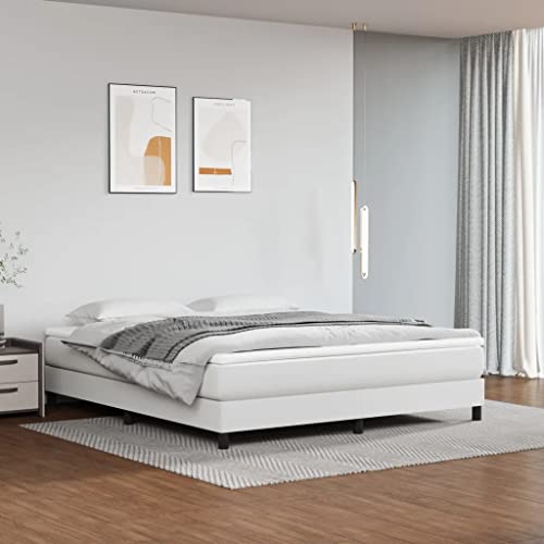 vidaXL Box Spring Bed Frame Home Indoor Bedroom Bed Accessory Wooden Upholstered Double Bed Base Furniture White 76"x79.9" King Faux Leather