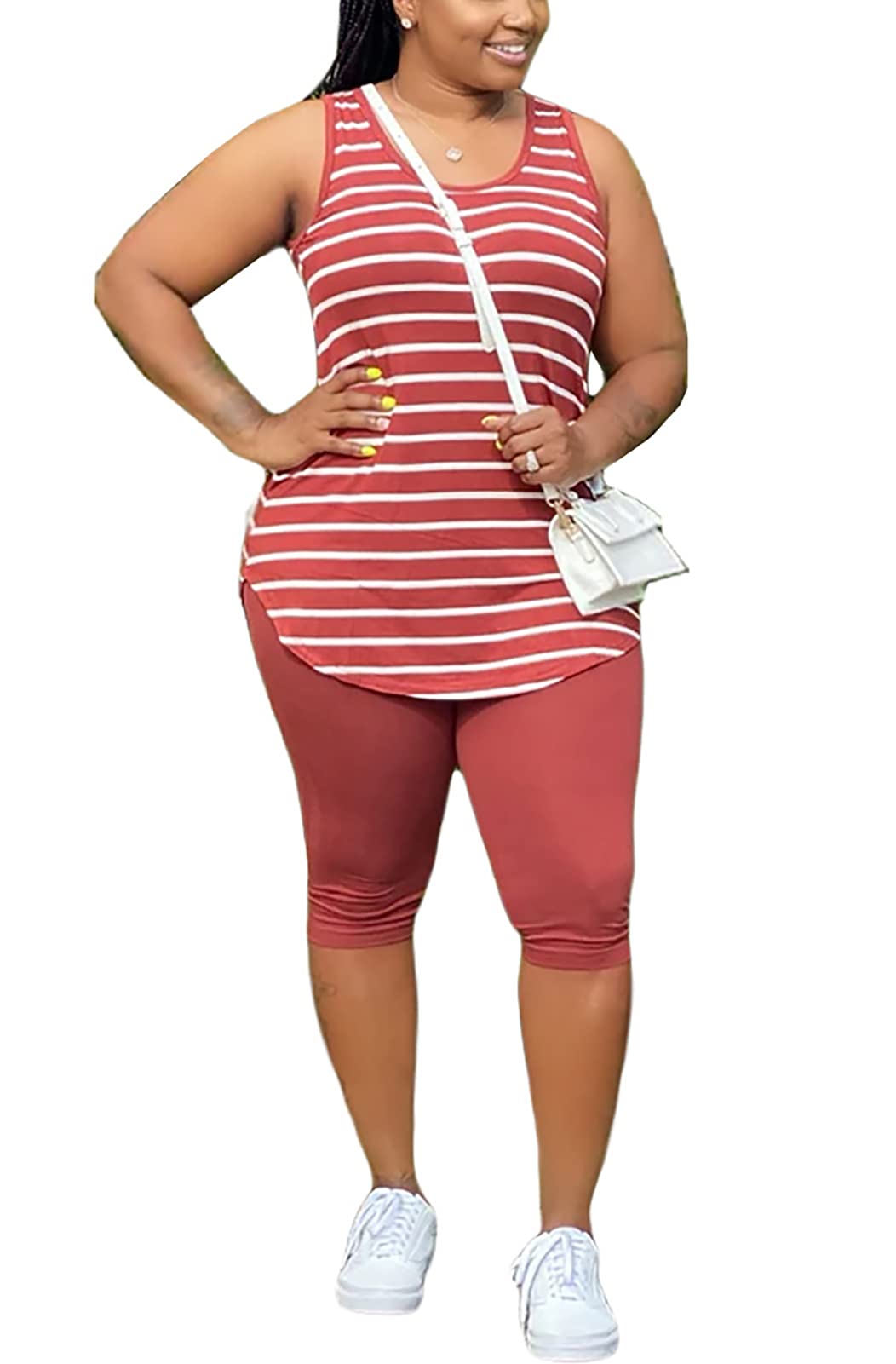 acelyn Women's Striped 2 Piece Outfits Plus Size Casual Summer Tank Tops Biker Shorts Sets (X9244-Red, XL)