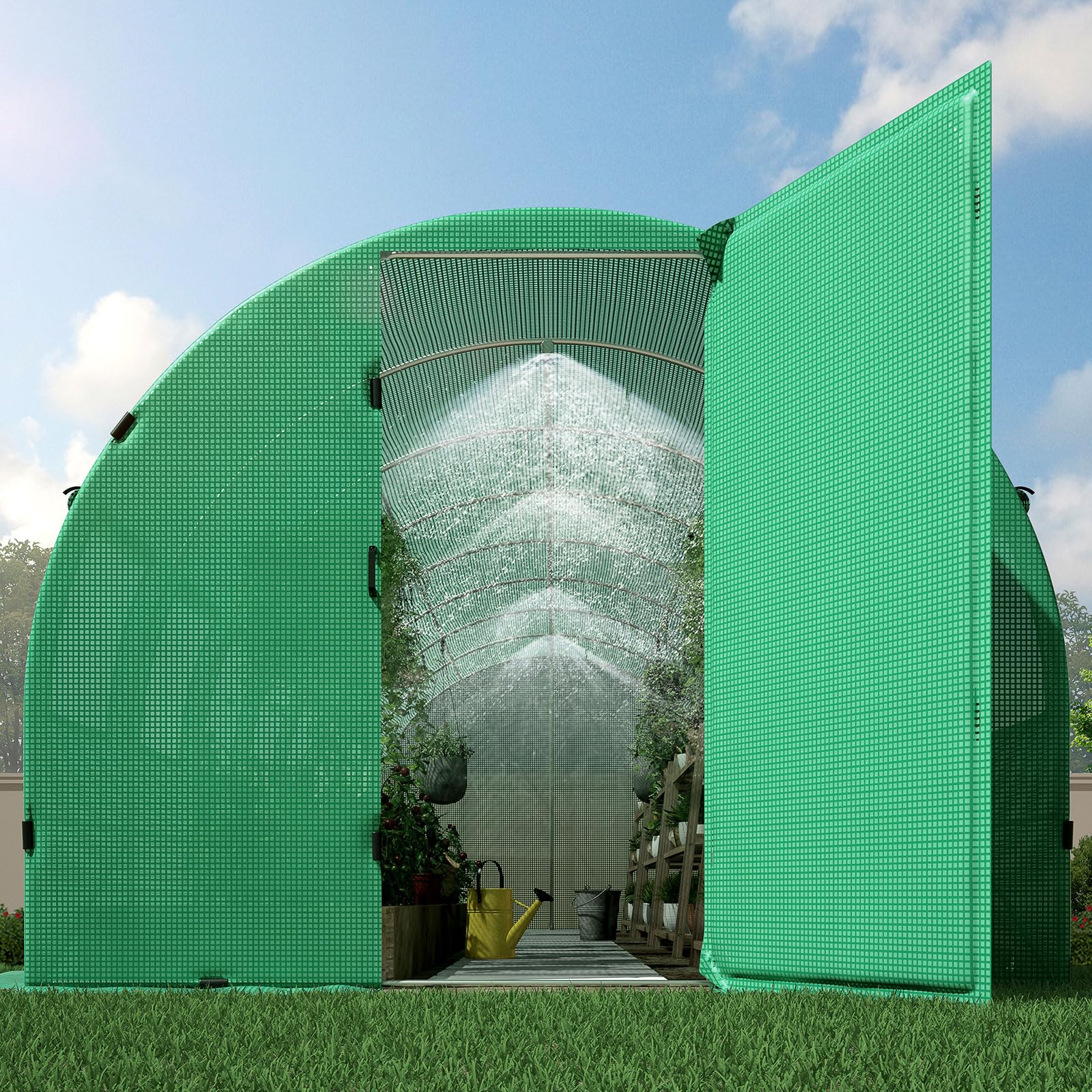 Papababe 26x10x7ft Large Walk-in Greenhouse for Outdoors with Watering System Upgraded Swing Door Tunnel Greenhouse kit, Heavy Duty Galvanized Steel Frame,Ground Pegs & Film Clips,16 Windows, Green