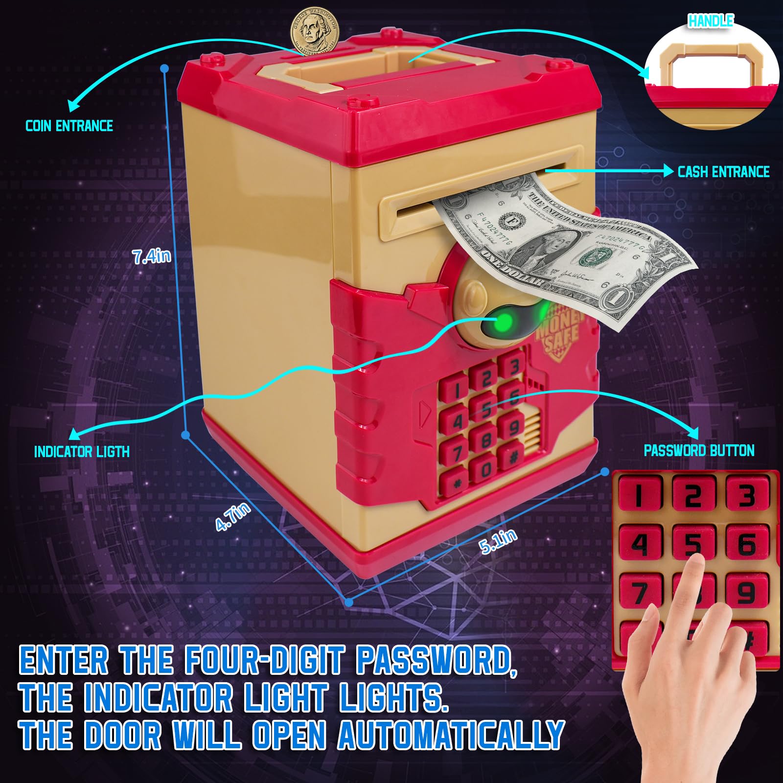 Cargooy Mini ATM Piggy Bank ATM Machine Best Gift for Kids,Electronic Code Piggy Bank Money Counter Safe Box Coin Bank for Boys Girls Password Lock Case