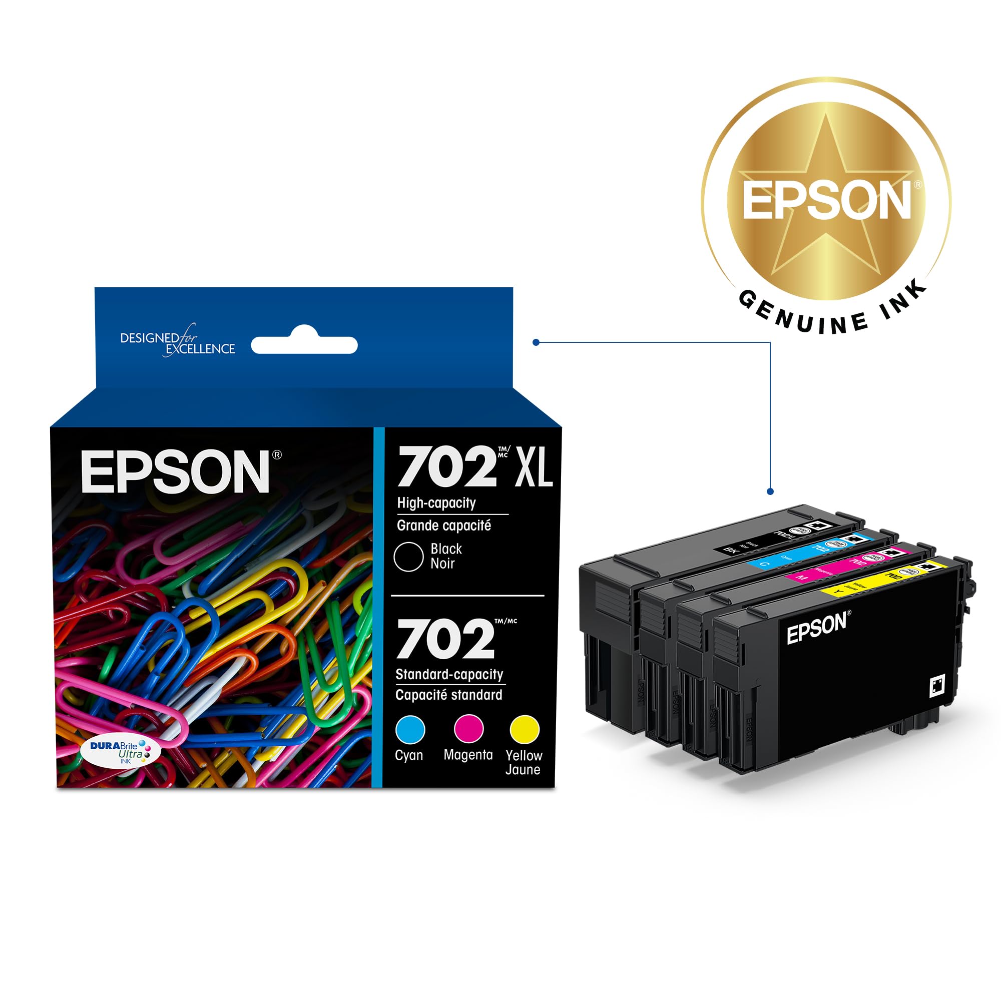 EPSON T702 DURABrite Ultra Ink High Capacity Black & Standard Color Cartridge Combo Pack (T702XL-BCS) for select Epson WorkForce Pro Printers