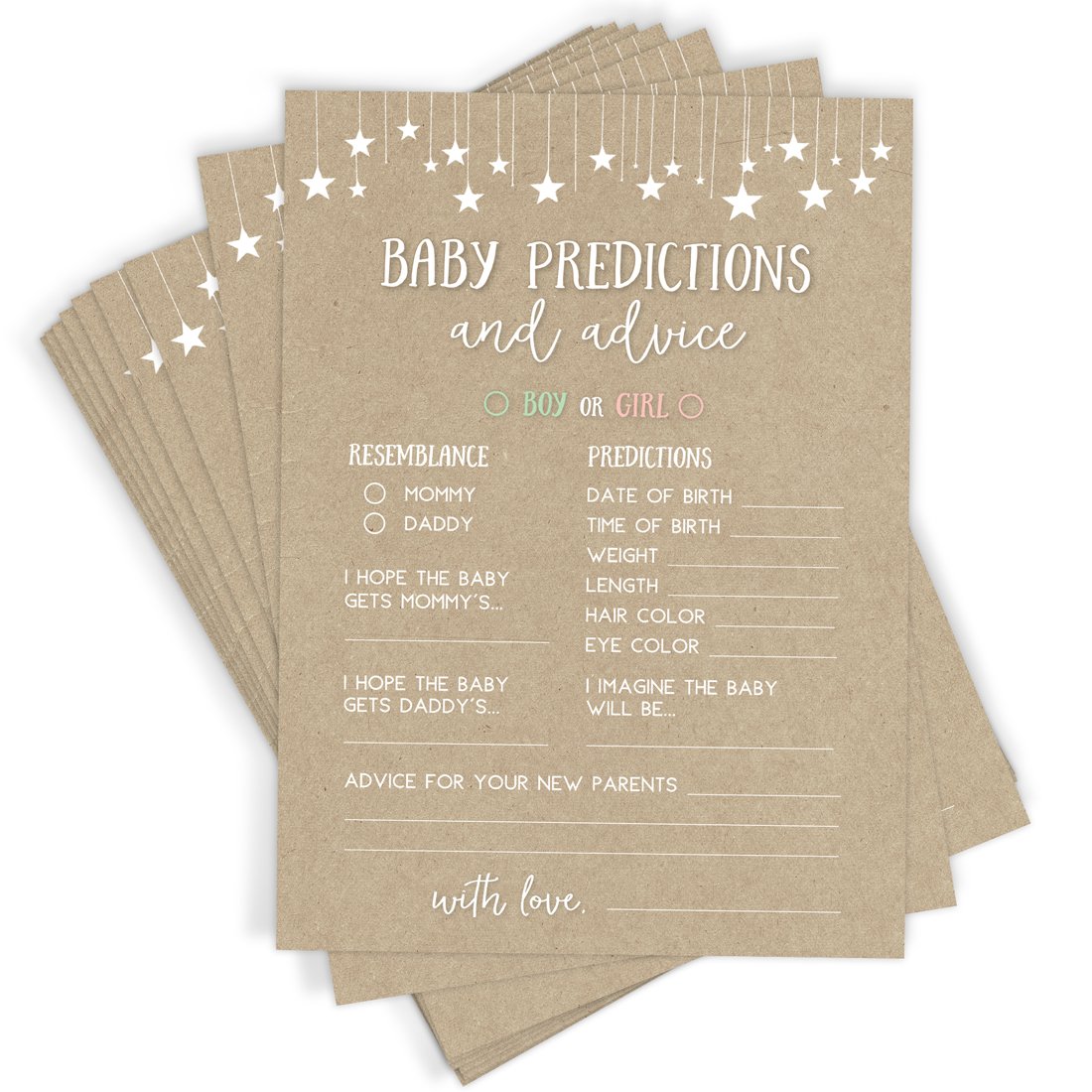 Printed Party Baby Predictions & Advice Cards for New Parents – Baby Shower Game, Wishes for Mommy & Daddy, Gender Reveal Boy or Girl, Kraft Paper Theme, 50 Cards