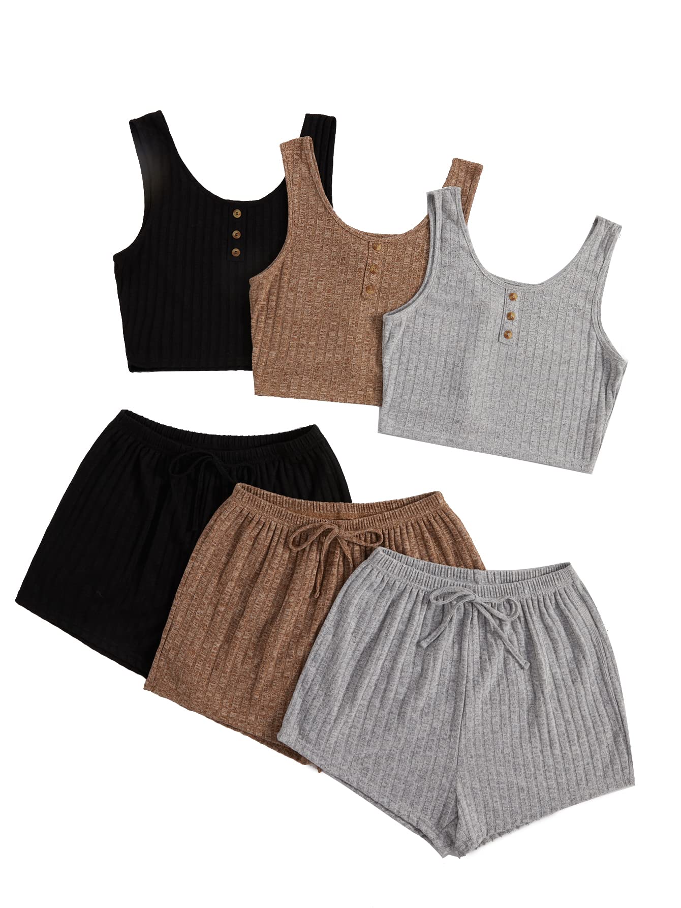 SOLY HUX Womens Pajamas Lounge Set 3 Sets Sleepwear Rib Knit Crop Tank Top and Shorts PJ Summer Outfits Multi XL