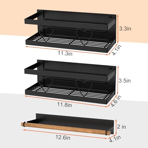 Mr Rabbi Magnetic Spice Rack for Refrigerator, 3 Pack Magnetic Fridge Organizer, Metal Spice Rack Organizer Magnetic Shelf for Refrigerator and Microwave Oven with 2 hooks
