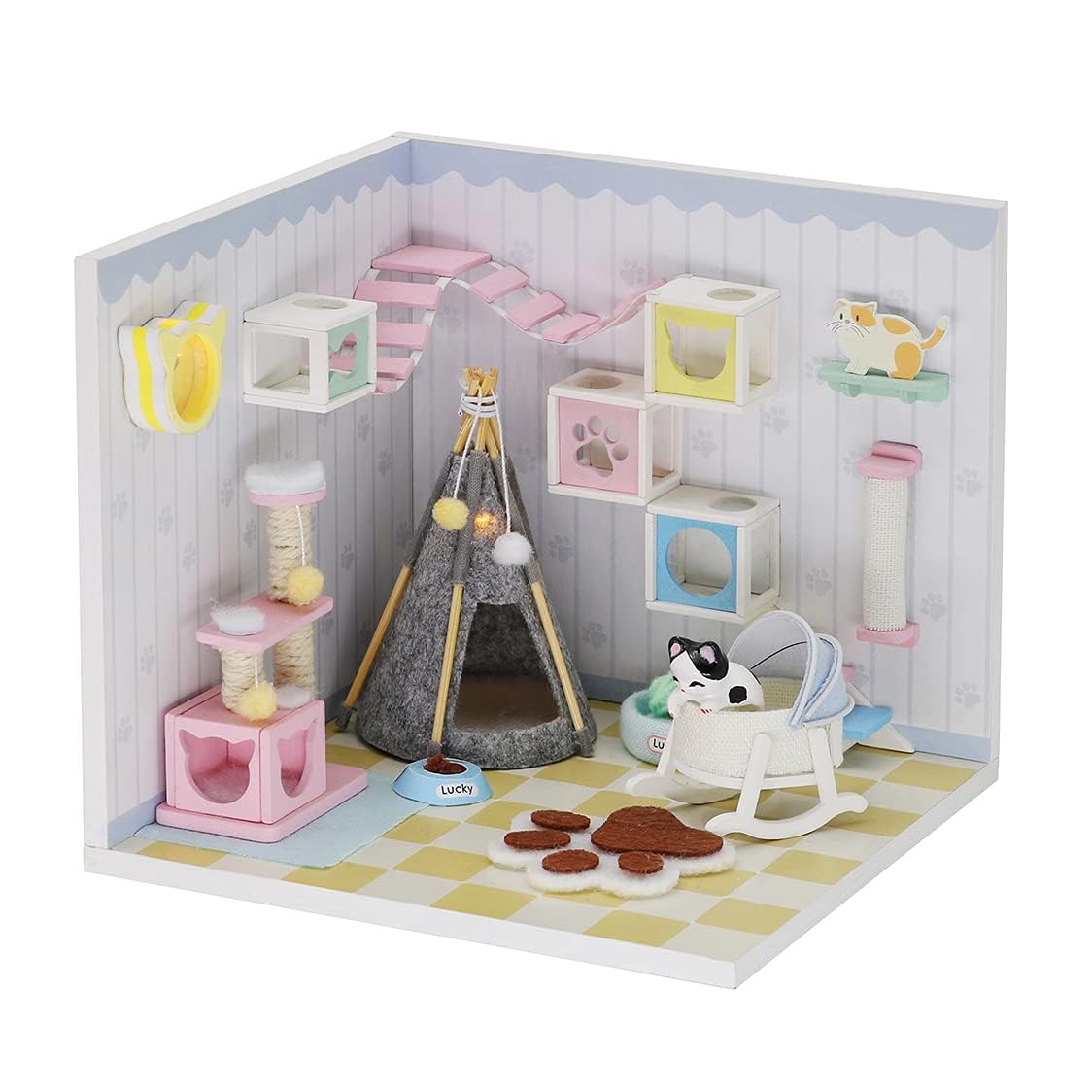 Kisoy Dollhouse Miniature with Furniture Kit, DIY 3D Wooden DIY House Kit A Corner of a Small Apartment Style with Dust Cover & LED,Handmade Tiny House Toys for Kids Adults Gift (Pet Room)