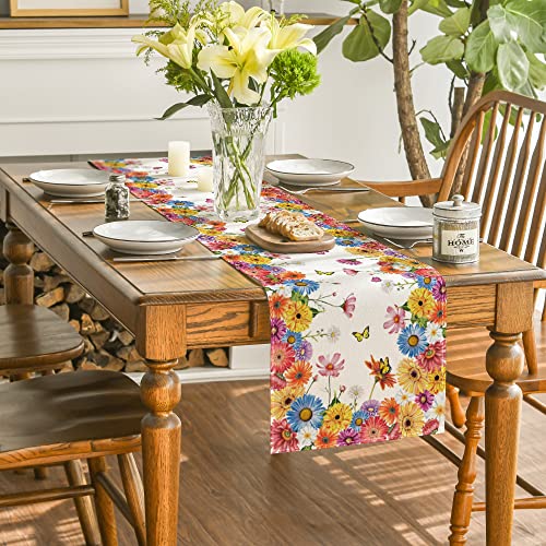 Artoid Mode Bloom Flowers Daisy Butterfly Spring Table Runner, Seasonal Holiday Kitchen Dining Table Decoration for Home Party Indoor 13x120 Inch