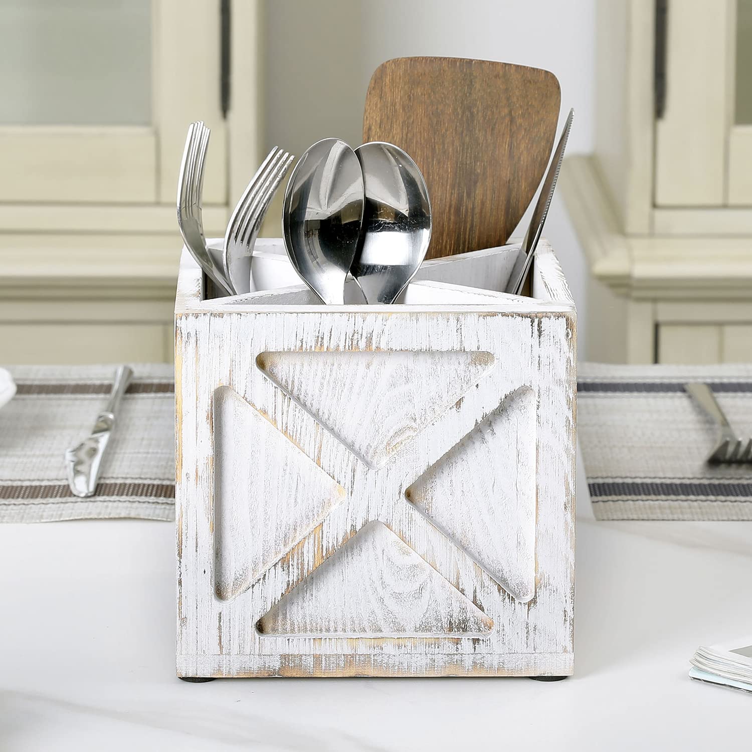 MyGift Whitewashed Solid Wood Kitchen Utensil Holder Crock Countertop Storage Organizer with 4 Compartments, Rustic Farmhouse Flatware Silverware Buffet Caddy