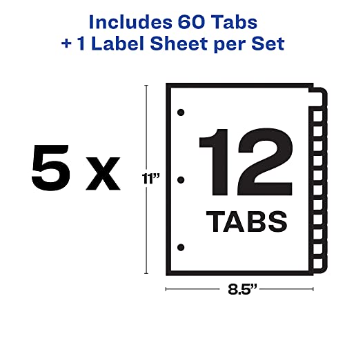 Avery 12 Tab Dividers for 3 Ring Binder, Easy Print & Apply Clear Label Strip, Index Maker Customizable White Tabs, 6-Pack of 5 Sets, 30 Sets Total (11429)