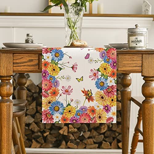 Artoid Mode Bloom Flowers Daisy Butterfly Spring Table Runner, Seasonal Holiday Kitchen Dining Table Decoration for Home Party Indoor 13x120 Inch