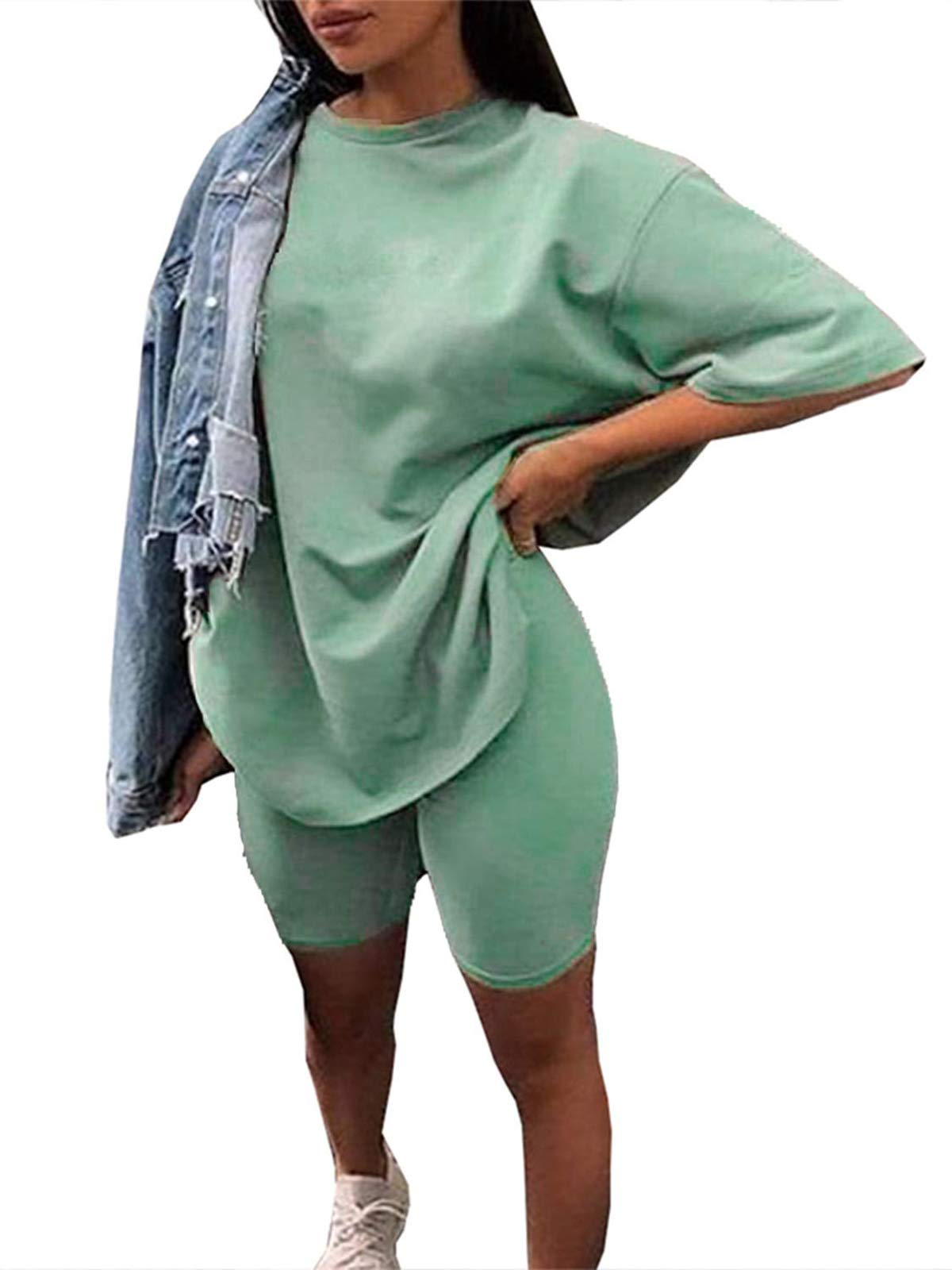 Youdiao Women 2 Piece Outfit Sets Oversized T-Shirt Tops Biker Shorts Casual Workout Sports Tracksuit Set with Belt Light Green M