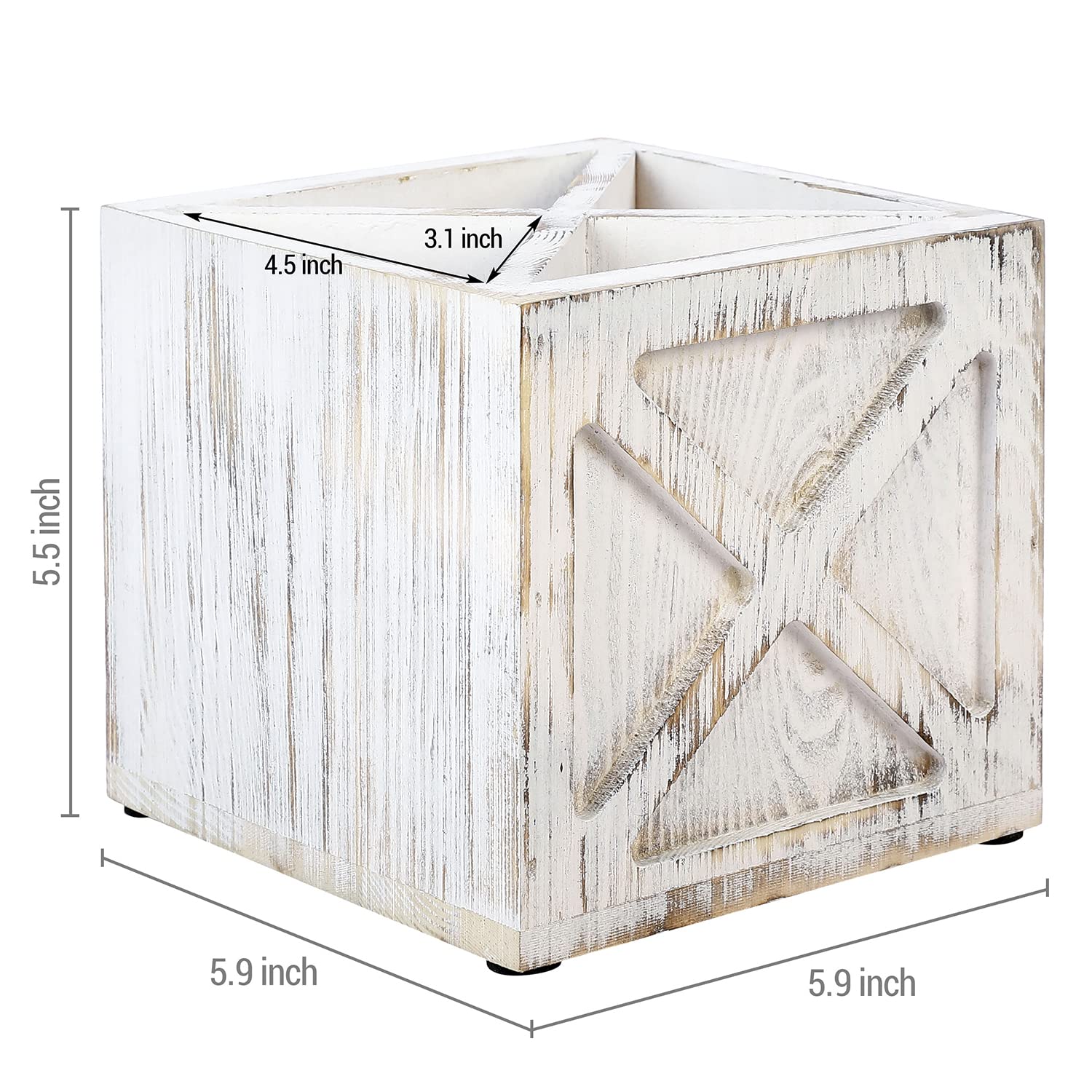 MyGift Whitewashed Solid Wood Kitchen Utensil Holder Crock Countertop Storage Organizer with 4 Compartments, Rustic Farmhouse Flatware Silverware Buffet Caddy