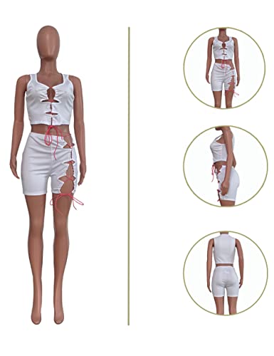 Angsuttc Shorts Sets Women 2 Piece Outfits Bandage Tank Tops Bodycon Shorts Set Club Outfits White XL