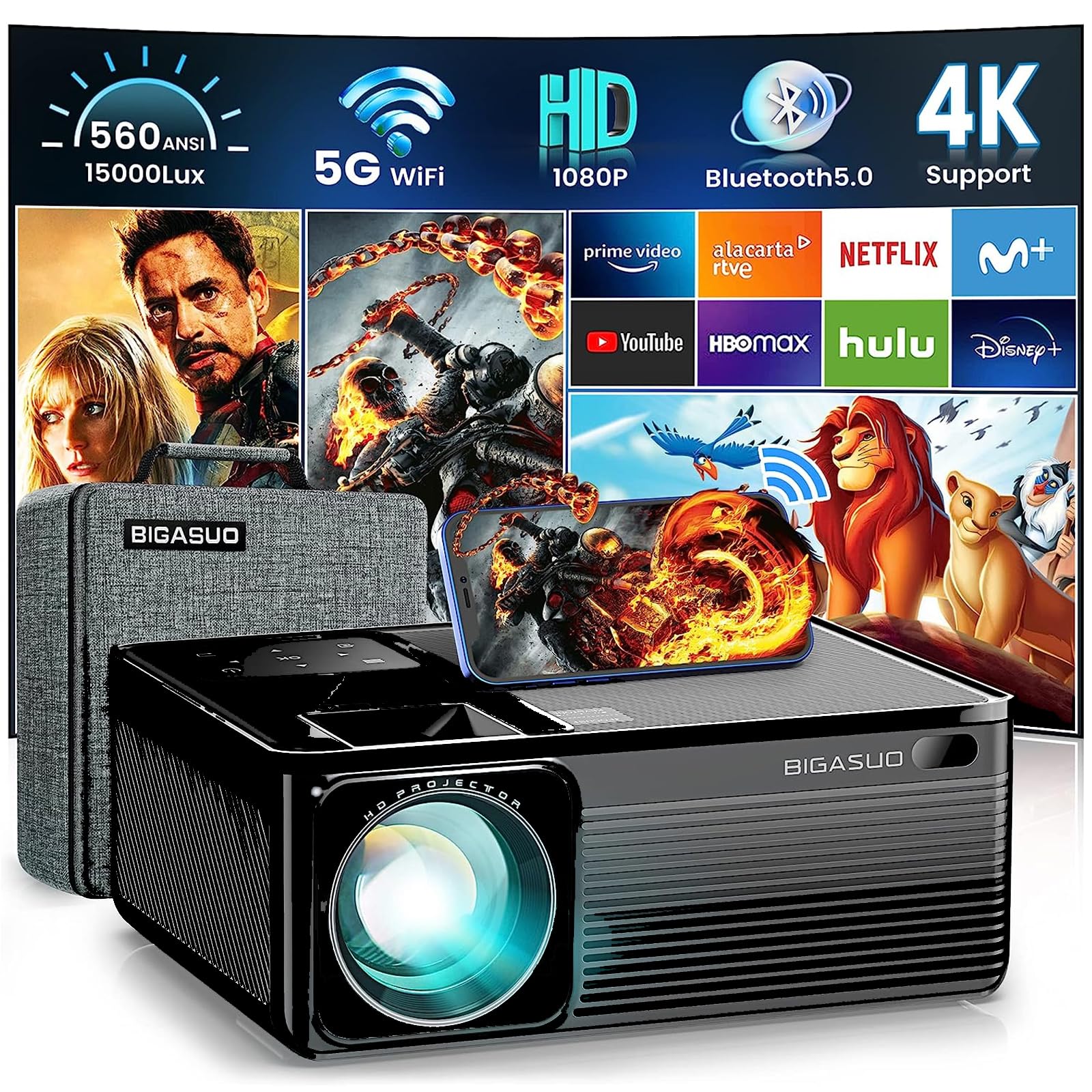Projector with 5G WiFi and Bluetooth - BIGASUO 540 ANSI Native 1080P Outdoor Movie Projector 4k Support, Home Video Projector Support 200"/Zoom/HiFi, Compatible with HDMI/USB/TV/iOS&Android