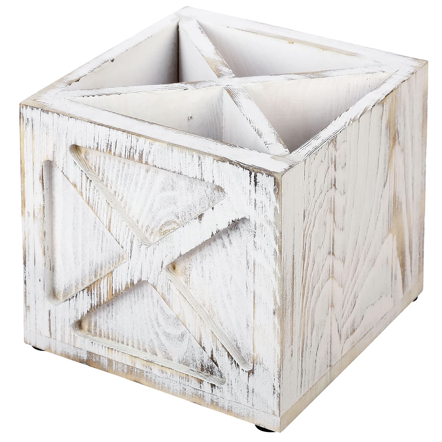 MyGift Whitewashed Solid Wood Kitchen Utensil Holder Crock Countertop Storage Organizer with 4 Compartments, Rustic Farmhouse Flatware Silverware Buffet Caddy