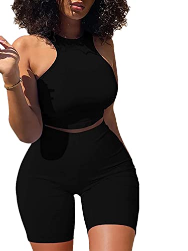 LYANER Women's 2 Piece Sleeveless Crew Neck Crop Sport Tank Crop Top and High Waist Running Shorts Yoga Sets Black X-Large