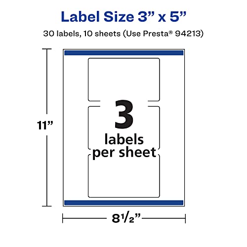 Avery Durable Waterproof Rectangle Labels with Sure Feed, 3" x 5", 30 Oil and Tear-Resistant Waterproof Labels, Print-to-The-Edge, Laser/Pigment-Based Inkjet Printable Labels