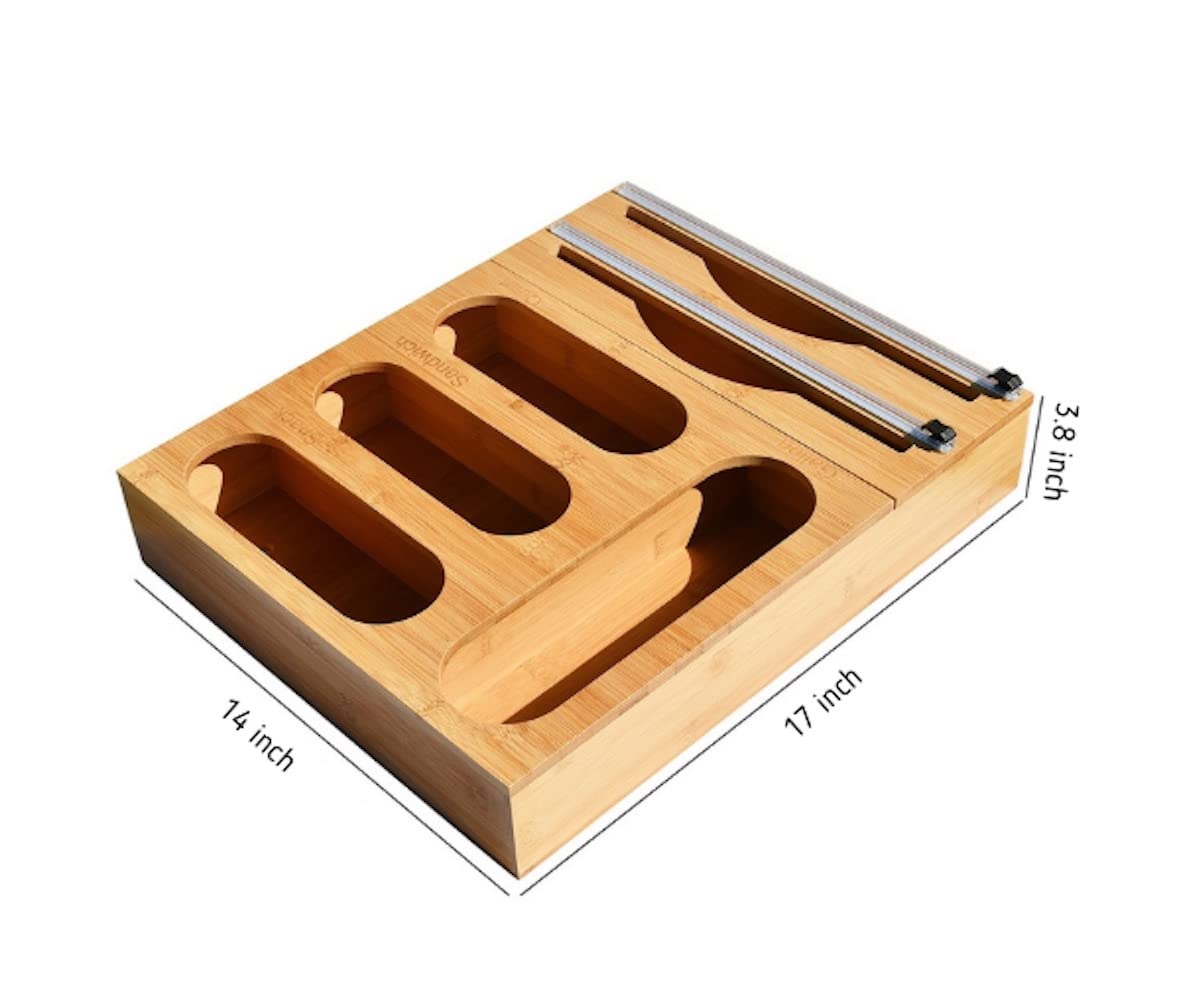 The Boodha Ziplock Bag Organizer with Wrap Dispenser β 6-in-1 Foil and Plastic Wrap Organizer with Cutter, Baggie Organizer for Sandwich, Snack, Gallon, Quart Bags β Bamboo Kitchen Drawer Organizer