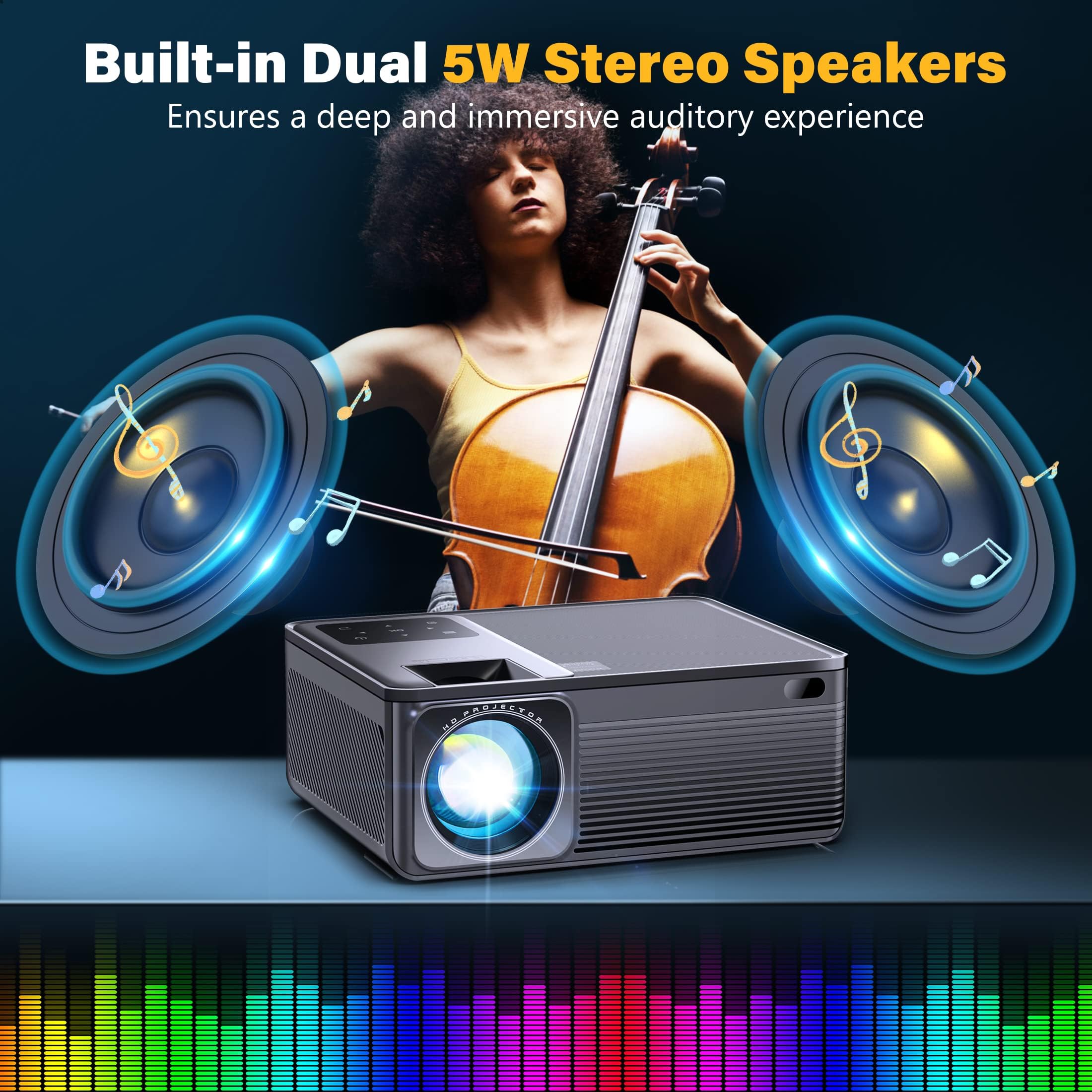 Projector with 5G WiFi and Bluetooth - BIGASUO 540 ANSI Native 1080P Outdoor Movie Projector 4k Support, Home Video Projector Support 200"/Zoom/HiFi, Compatible with HDMI/USB/TV/iOS&Android