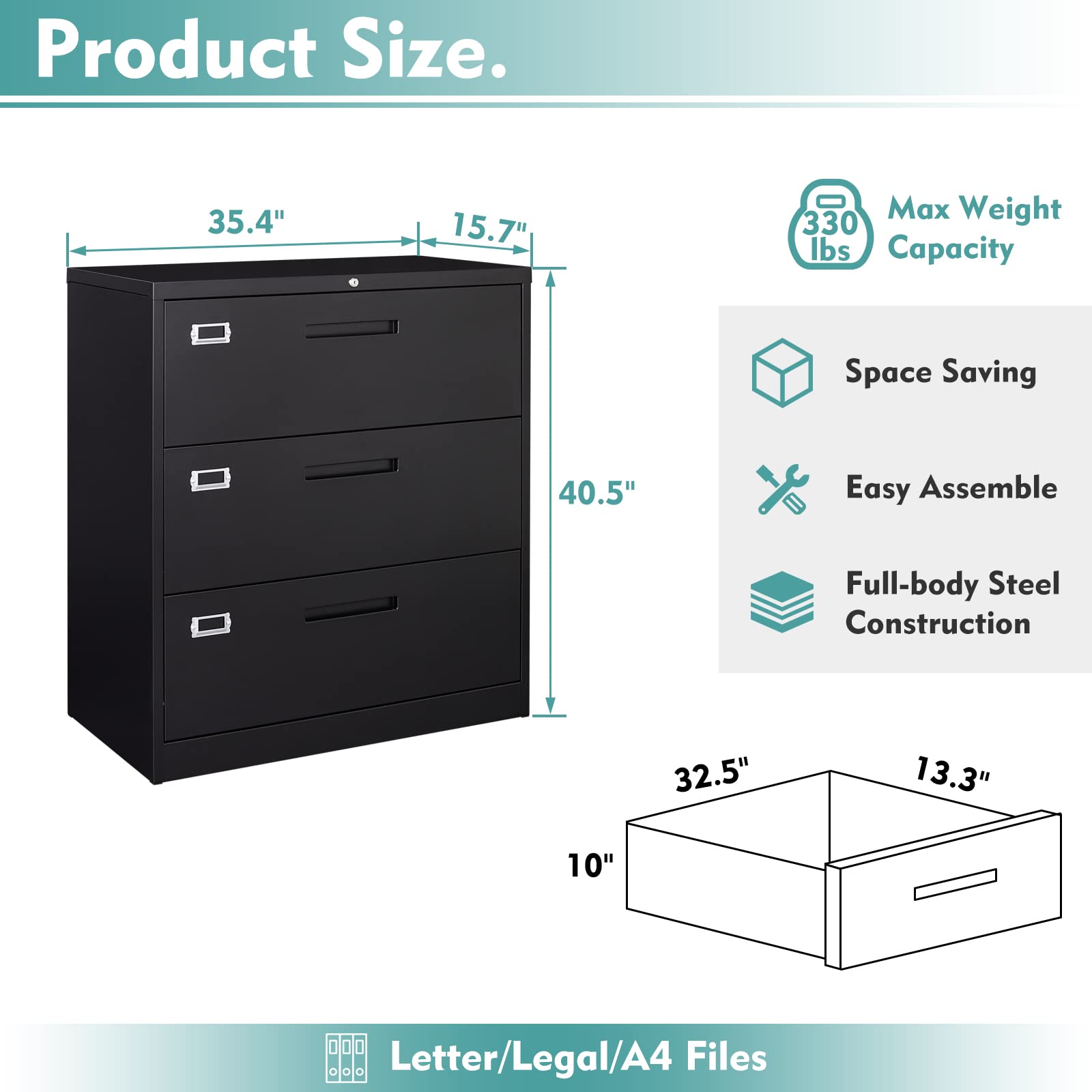 MIIIKO Lateral File Cabinet 3 Drawer, Metal Filing Cabinet with Lock for Home Office, Large Storage File Organizer for Hanging File Folders,Easy Assemble