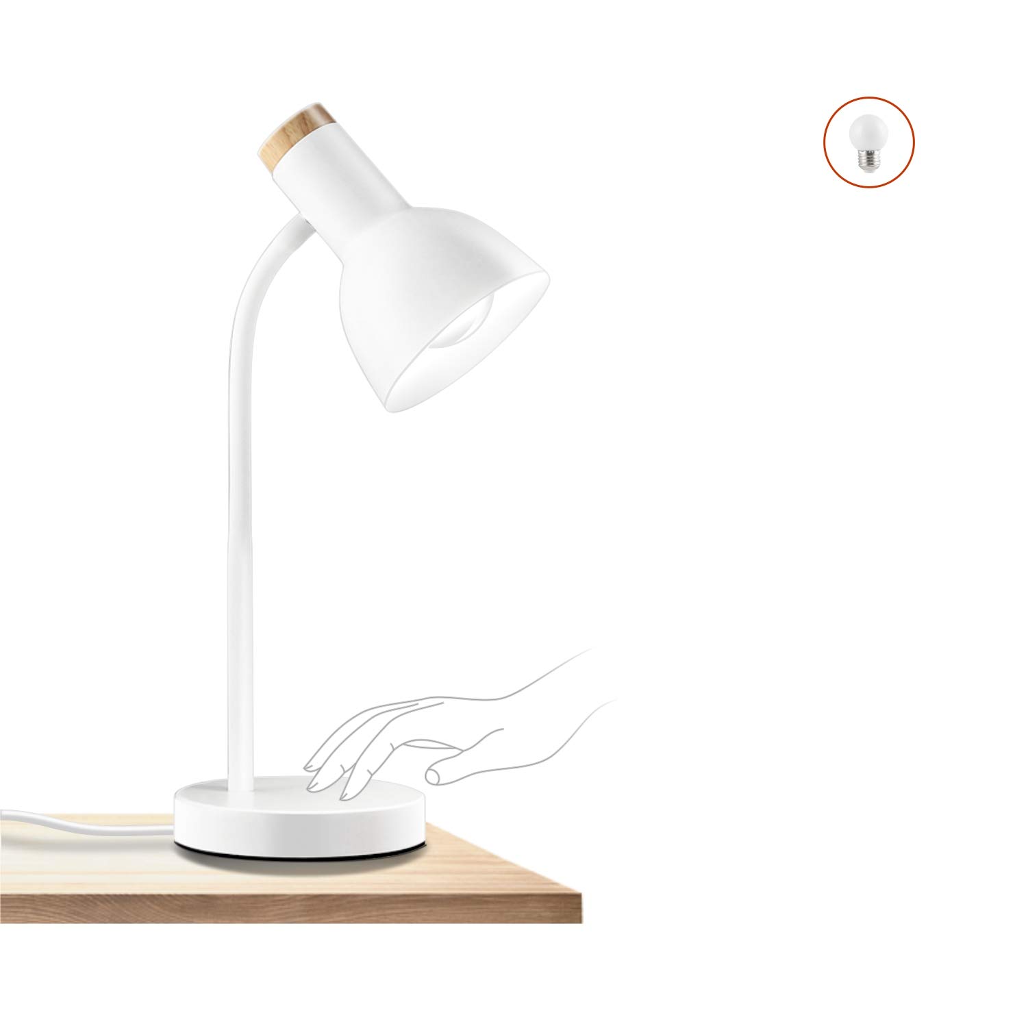 amezin White Desk Lamp 7w E26 LED Touch Control Gooseneck Metal Desk Lamps, Adjustable Modern Wood Eye-Caring Table Lamp for Girls Kids Home Office Bedroom College Dorm