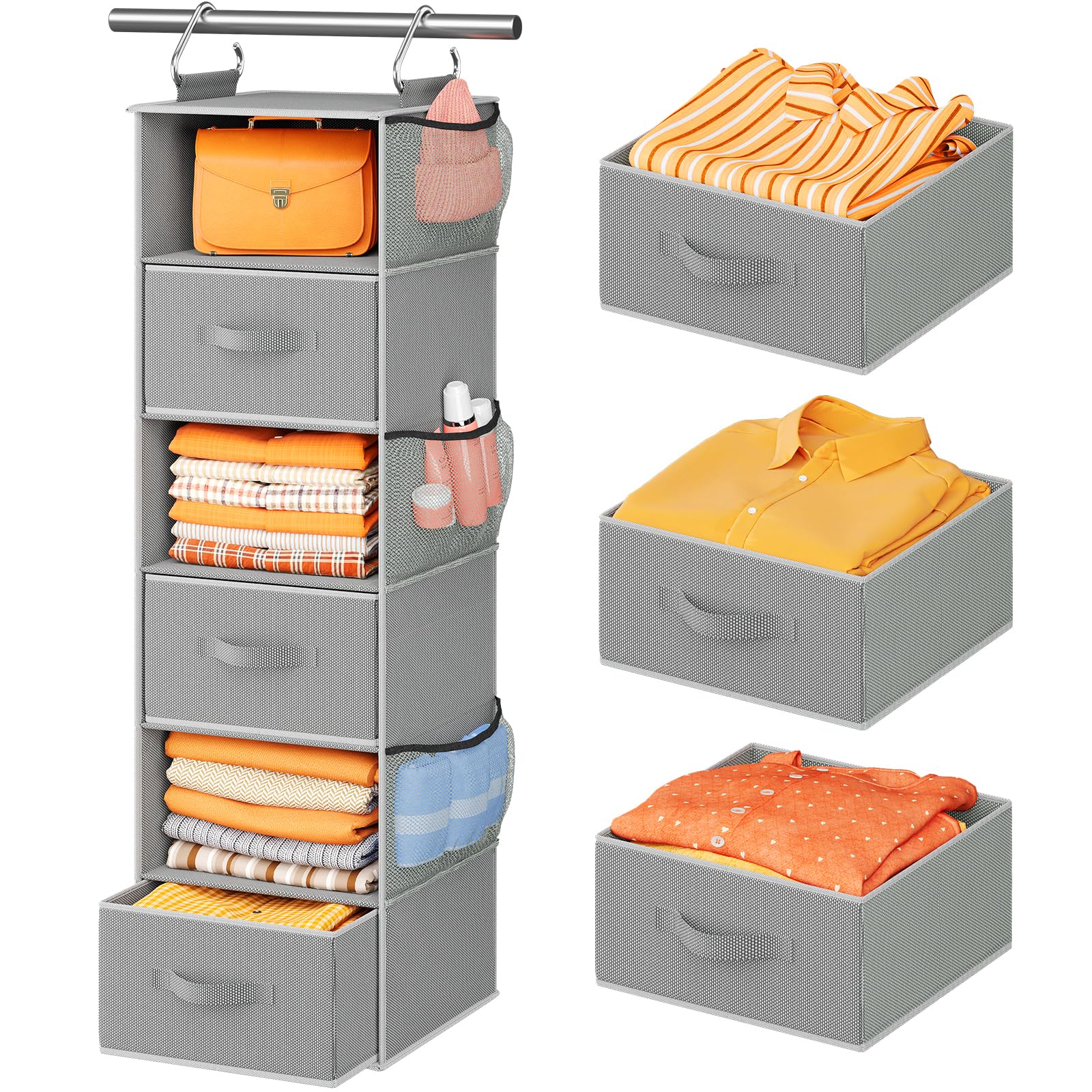 Pipishell Hanging Closet Organizer 6-Shelf, Hanging Shelves for Closet with 3 Removable Drawers & Side Pockets, Hanging Shelf Organizer for Bedroom or Garment Rack, 12'' x 12'' x 43.3'', Dark Gray