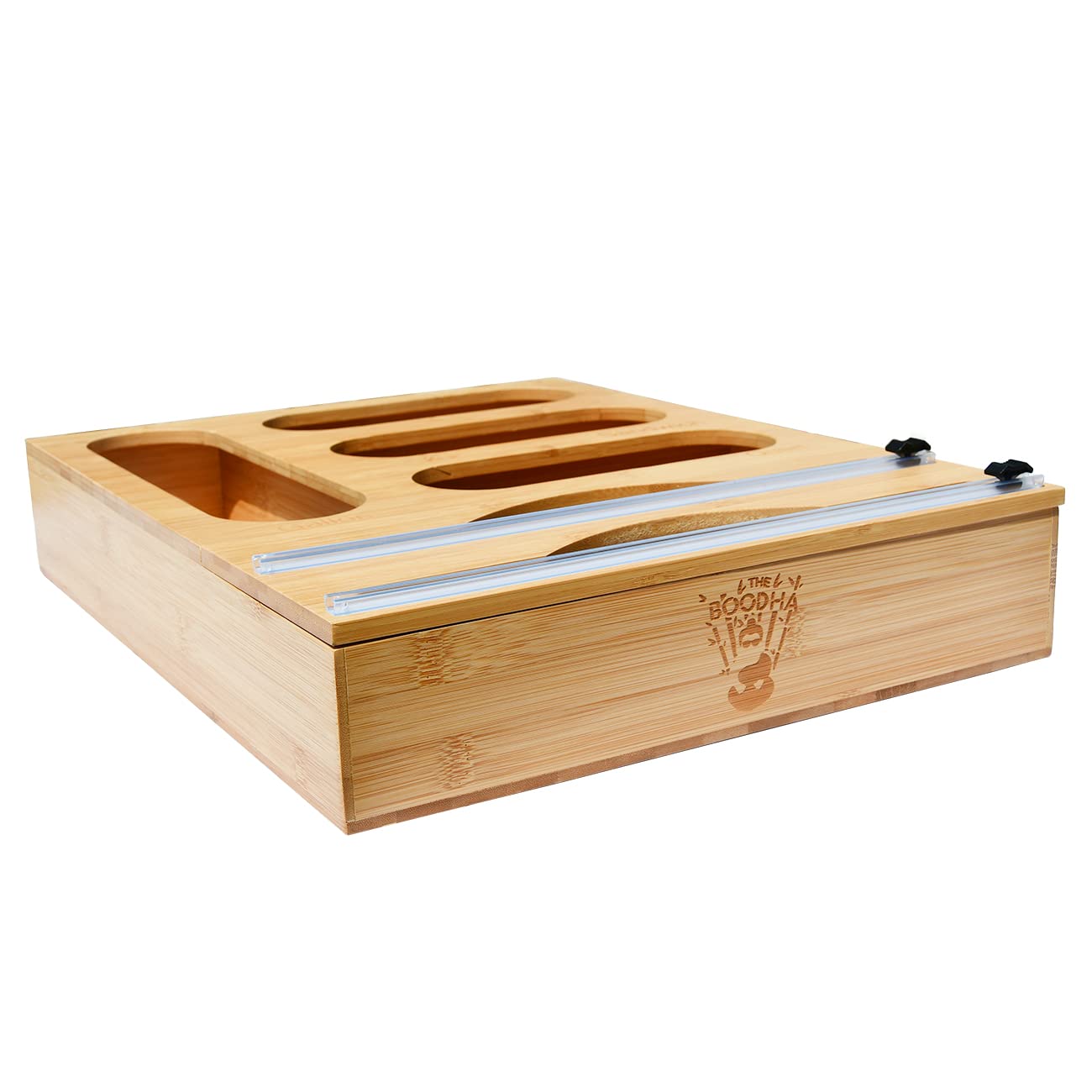 The Boodha Ziplock Bag Organizer with Wrap Dispenser β 6-in-1 Foil and Plastic Wrap Organizer with Cutter, Baggie Organizer for Sandwich, Snack, Gallon, Quart Bags β Bamboo Kitchen Drawer Organizer