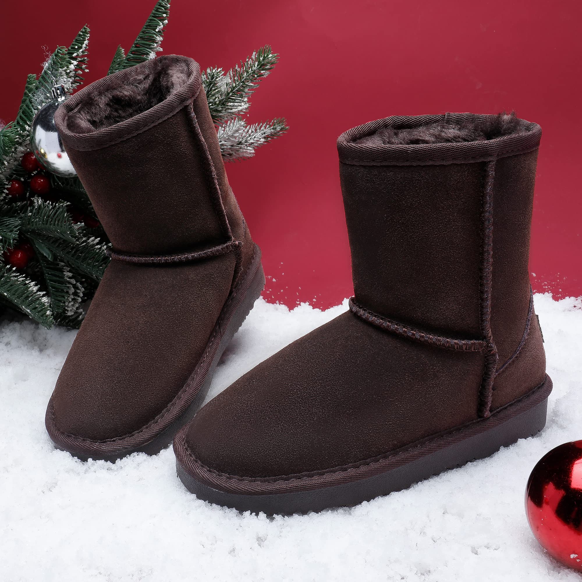 DREAM PAIRS Girls Boys Boots Kids Faux Fur Lined Winter Mid Calf Snow Boots Shorty-K Brown Size 2 Little Kid