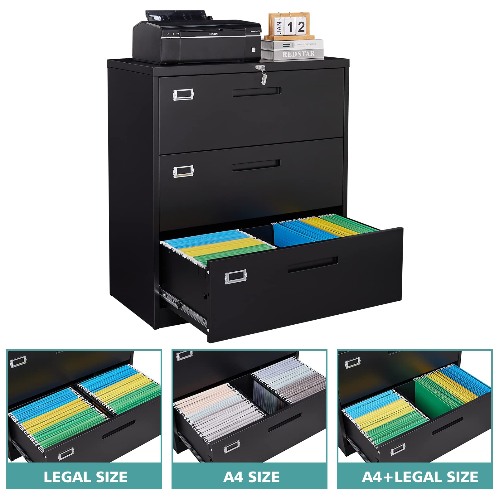 MIIIKO Lateral File Cabinet 3 Drawer, Metal Filing Cabinet with Lock for Home Office, Large Storage File Organizer for Hanging File Folders,Easy Assemble